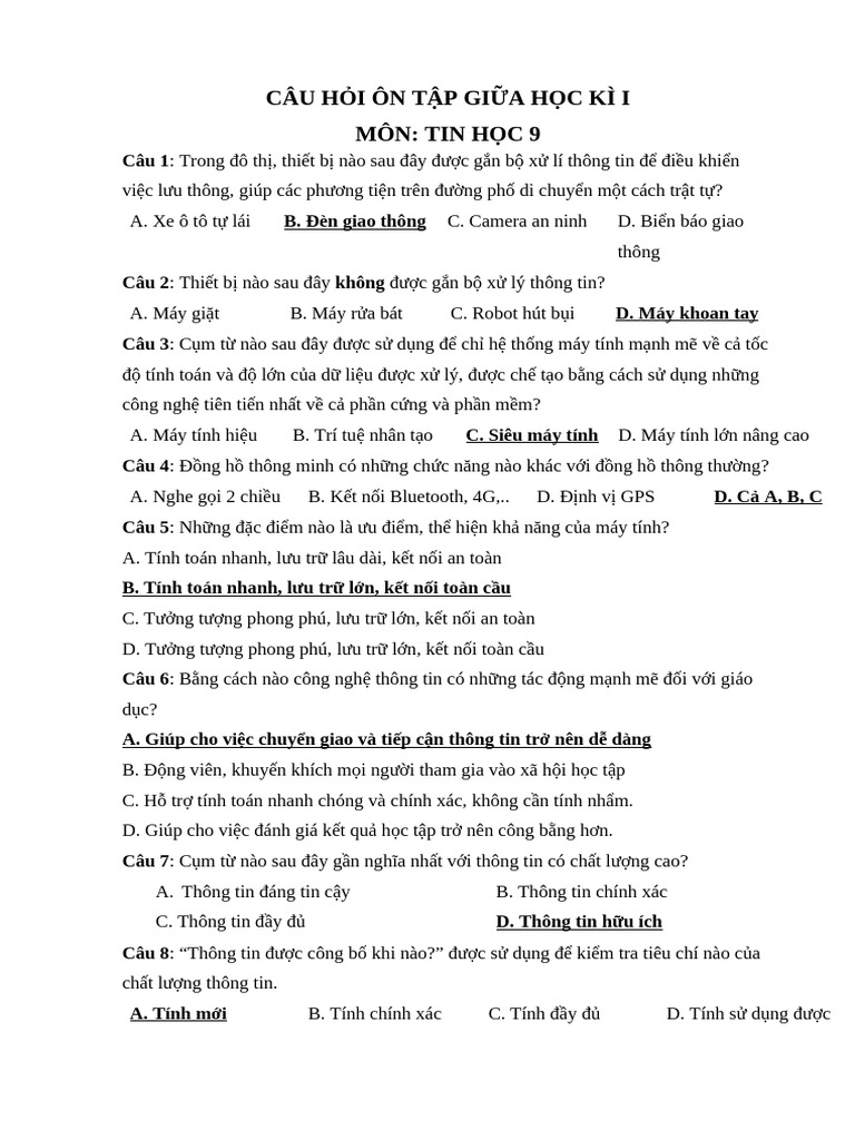 Câu hỏi ôn GK 1-Tin 9 | PDF