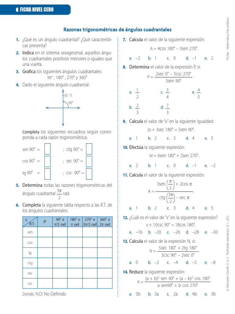 F0 - Razones Trigonométricas de Ángulos Cuadrantales | PDF | Trigonometría | Ángulo