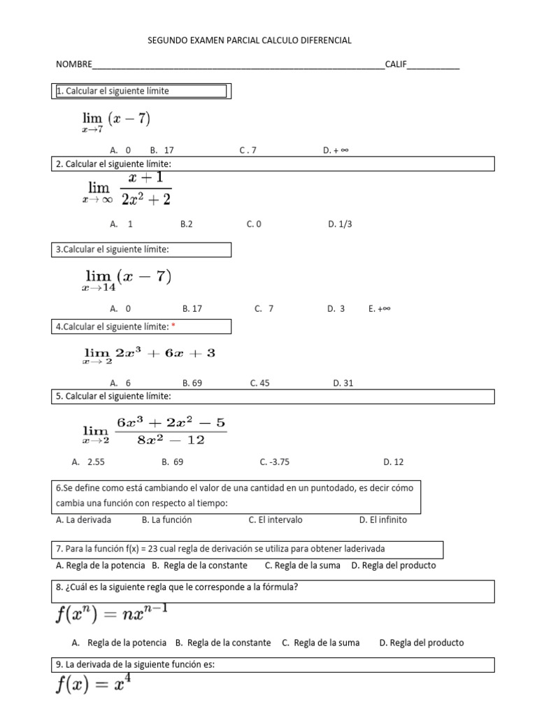 Calculo Diferencial - Segundo Parcial | PDF | Derivado | Asíntota