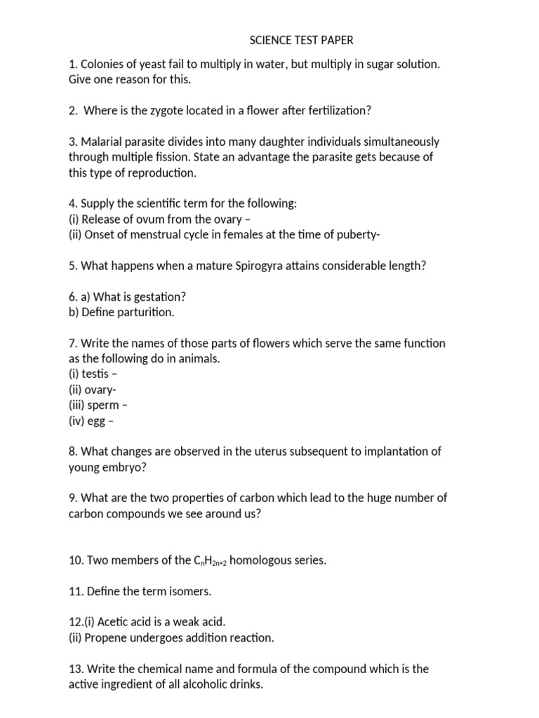 Science Test Paper: Biology & Physics Concepts | PDF | Ovary ...