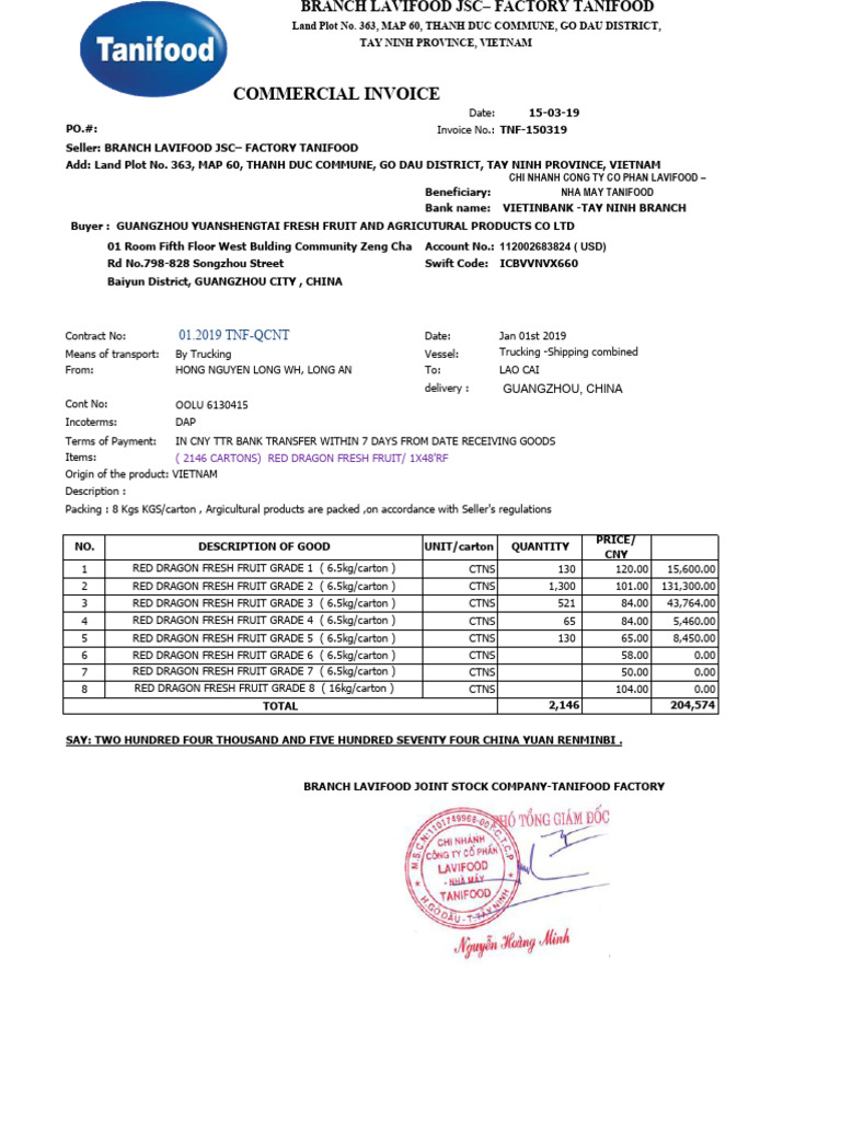 Inv and Pl_fresh Fruit Guangzhou Nt Lao Cai Cont -Mar 2019 Tanifood | PDF