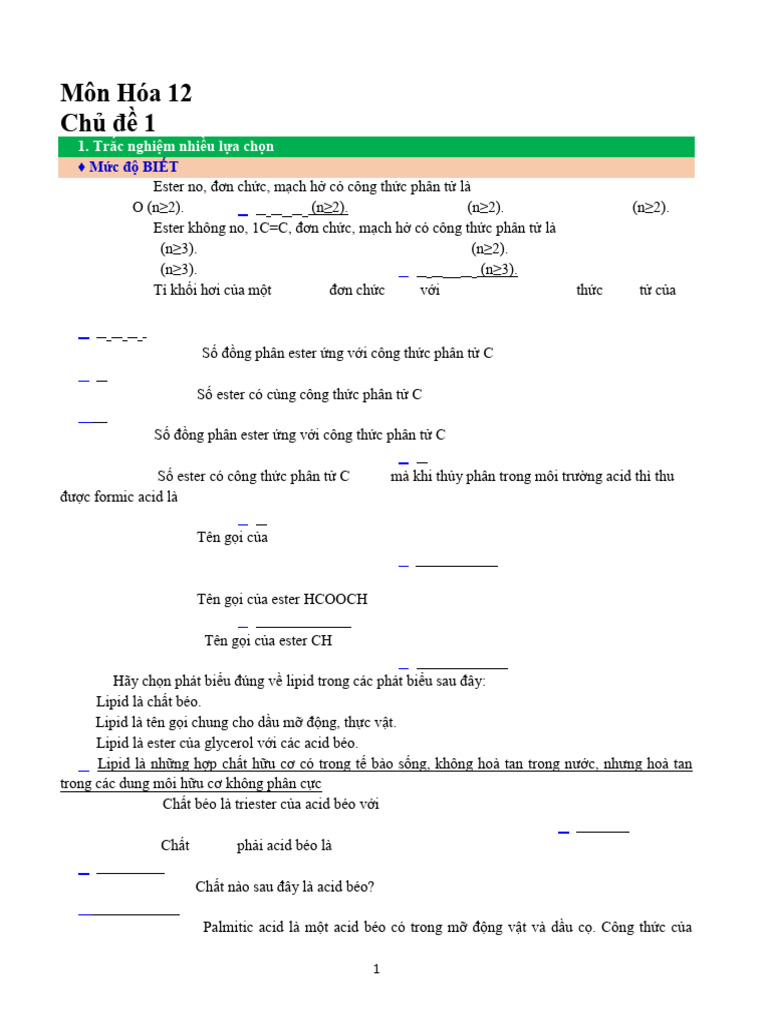 Hóa 12 - Gk1 - Đáp Án | PDF