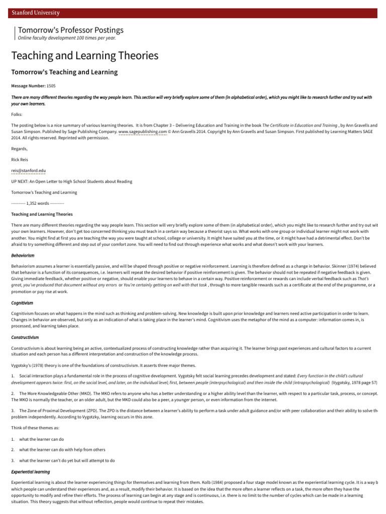 Teaching and Learning Theories - Tomorrow's Professor Postings | PDF ...