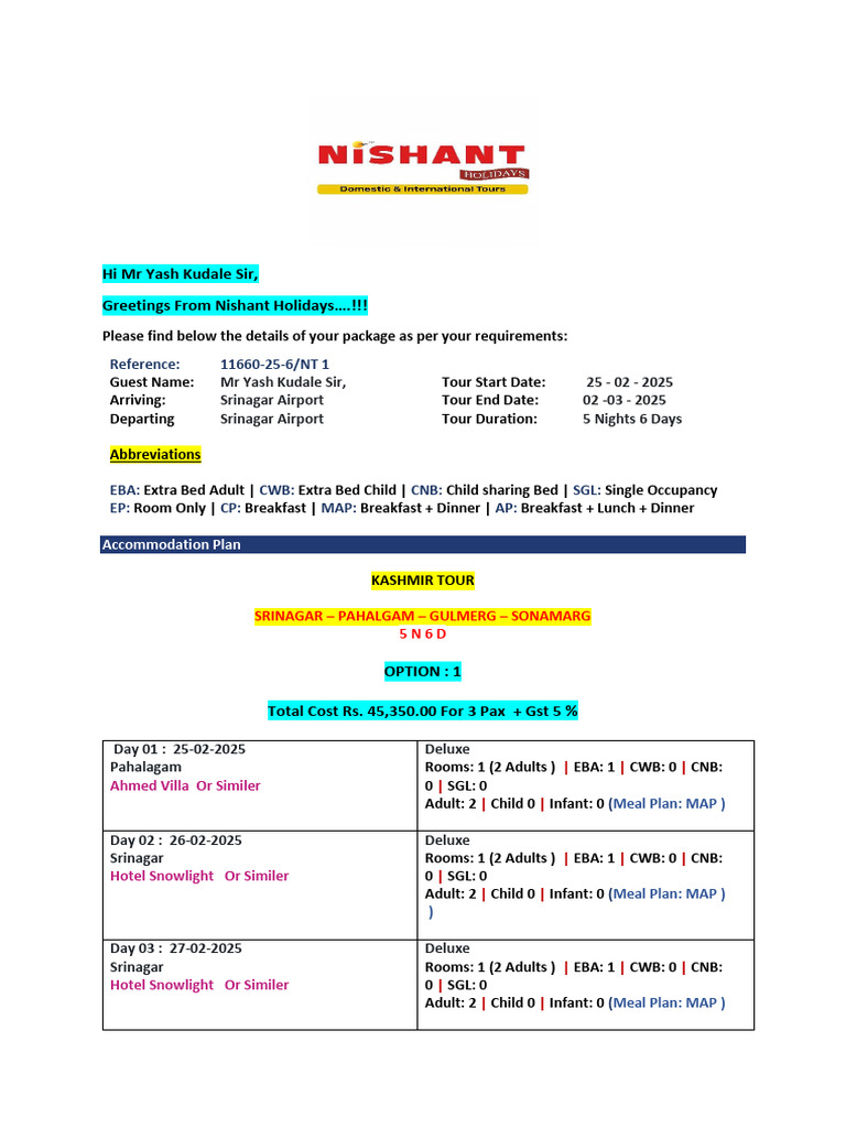 Kashmir Tour 5N 6D | PDF