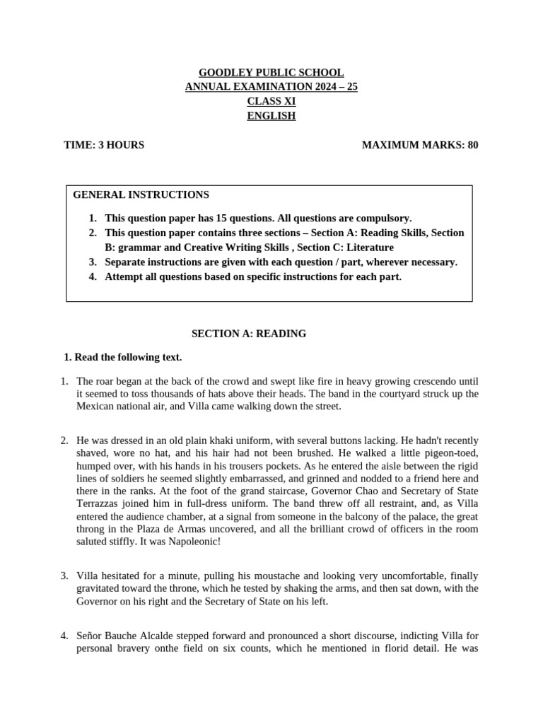 Class XI English Exam Paper 2024-25 | PDF