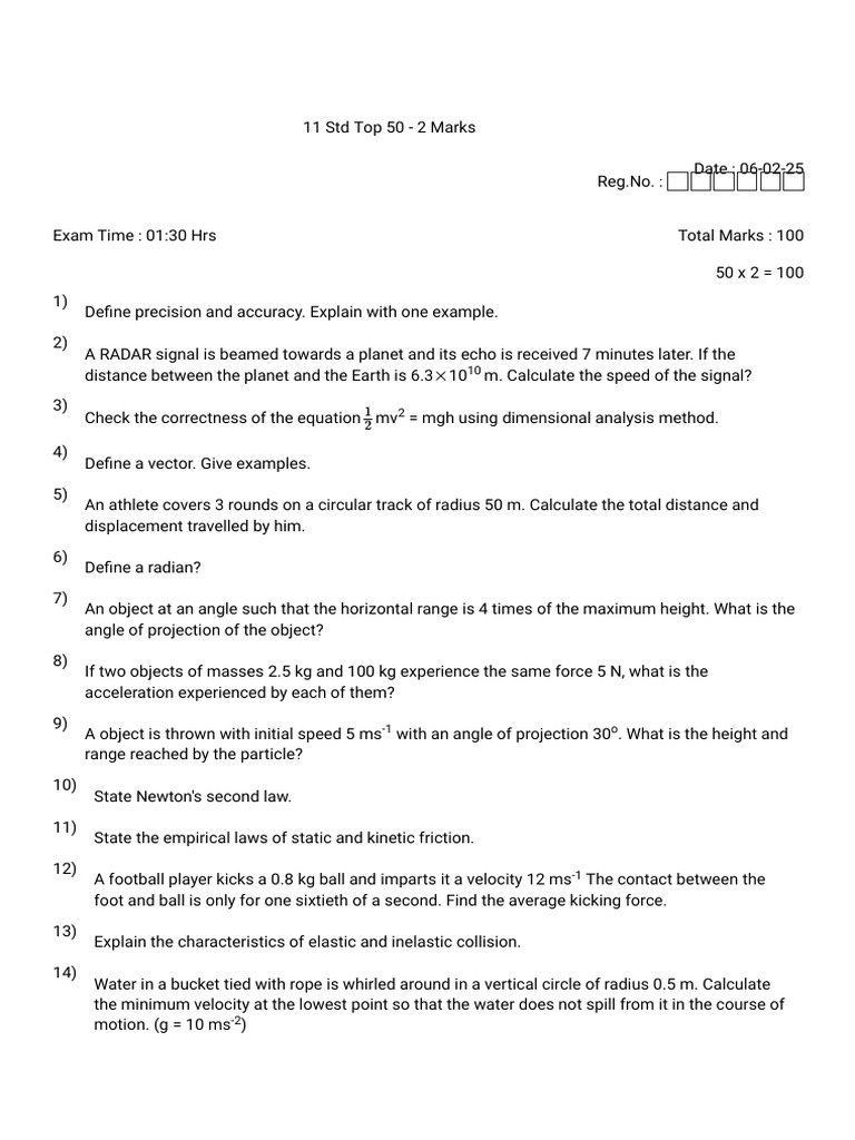 Class 11 Physics Top 50 TWO Marks | PDF | Force | Velocity