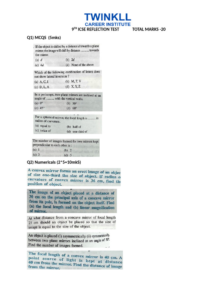 9th ICSE Reflection Test Overview | PDF