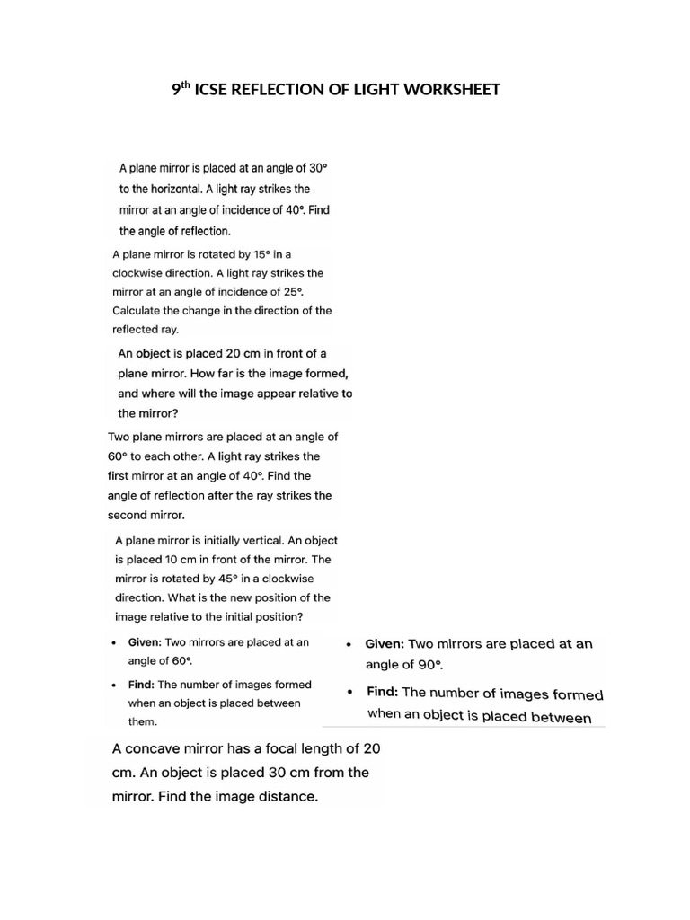 ICSE Class 9 Reflection of Light Worksheet | PDF
