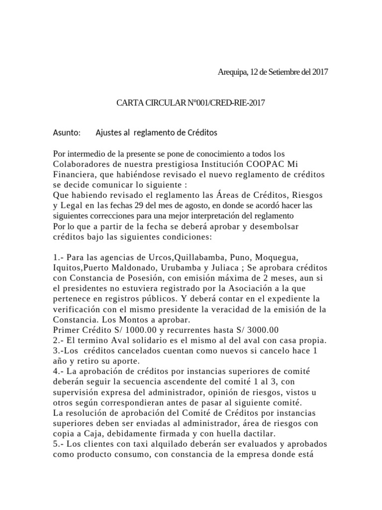 Ajustes Reglamento de Créditos COOPAC | PDF