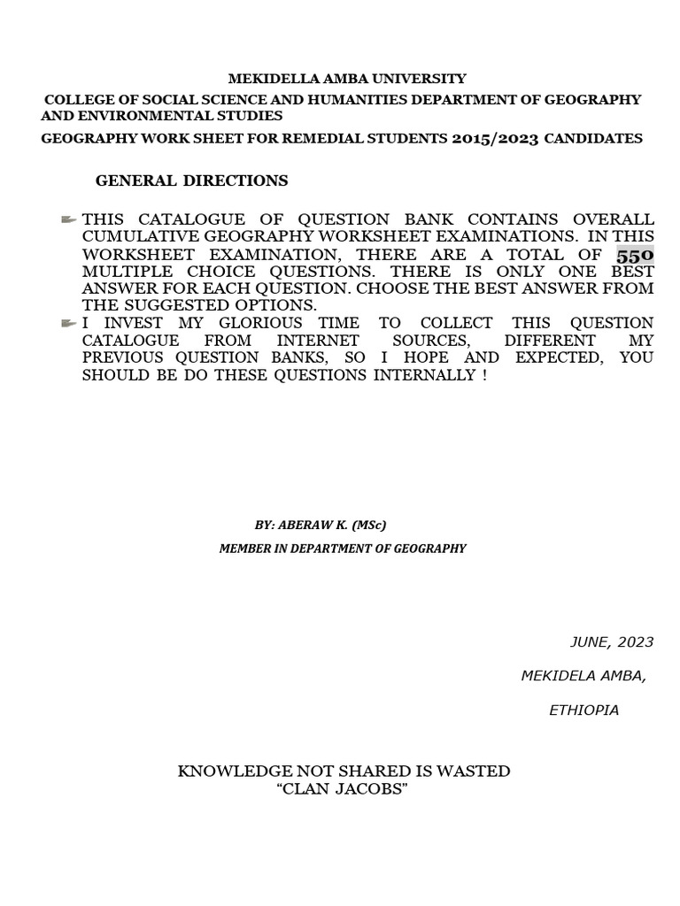 Geography Workheet Remedial | PDF | Ethiopia | Geography