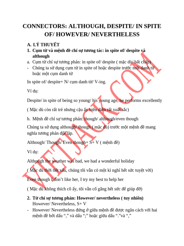 Bai Tap Although Despite in Spite of However Nevertheless Lop 7 | PDF