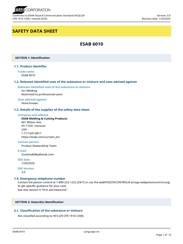 Electrode Esab 6010 SDS | PDF | Dangerous Goods | Personal Protective ...
