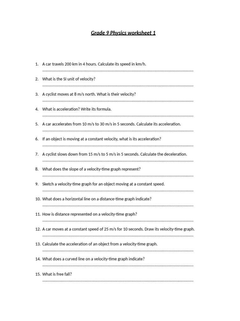 Grade 9 Physics Speed and Forces Worksheet | PDF | Force | Weight