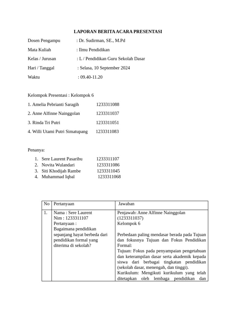 Laporan Berita Acara Presentasi Kelompok 6 | PDF