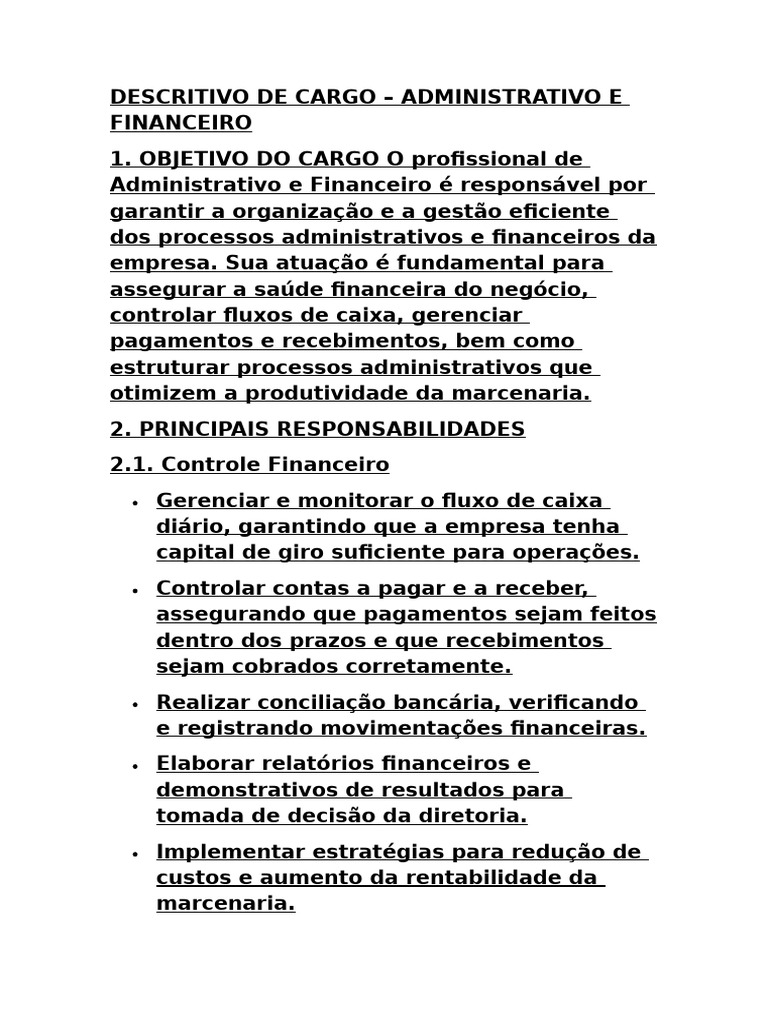 Descritivo de Cargo - Tecnico Administrativo e Financeiro | PDF | Fluxo de caixa | Gestão de ...