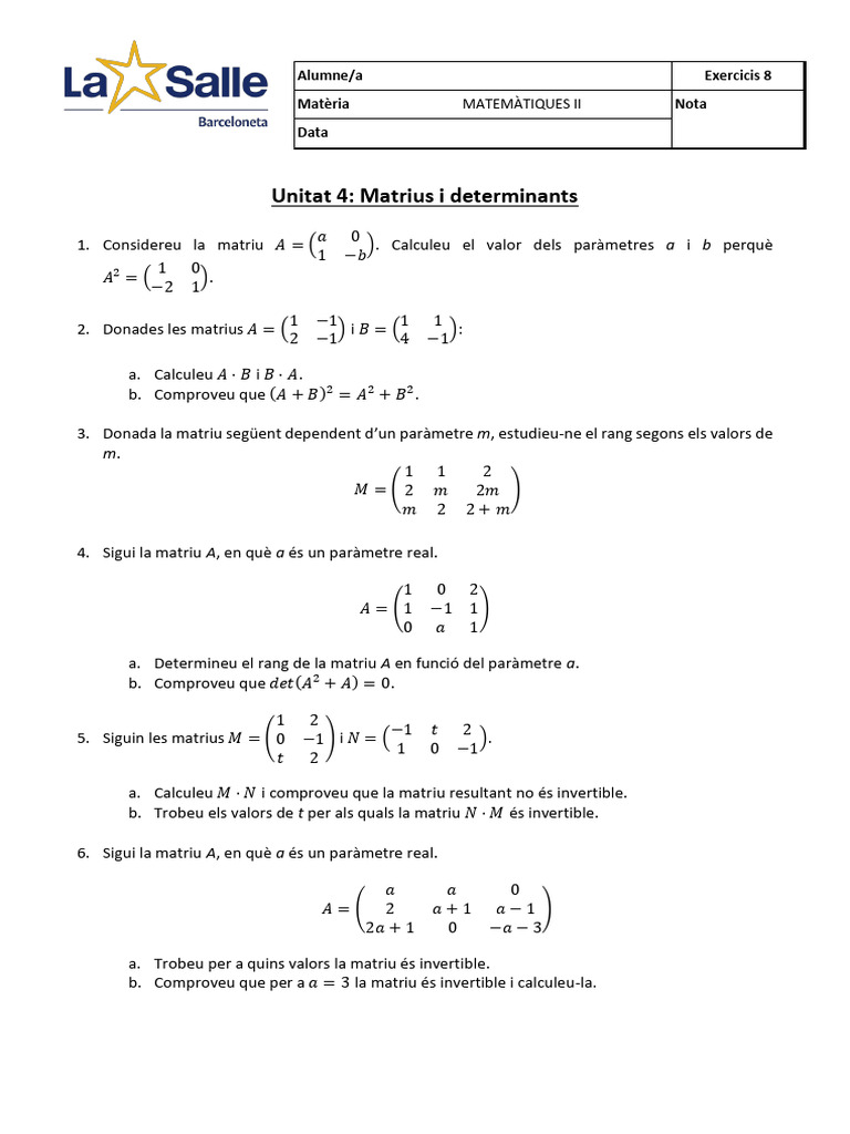 Mat II_Exercicis 8_Matrius i determinants (1) | PDF