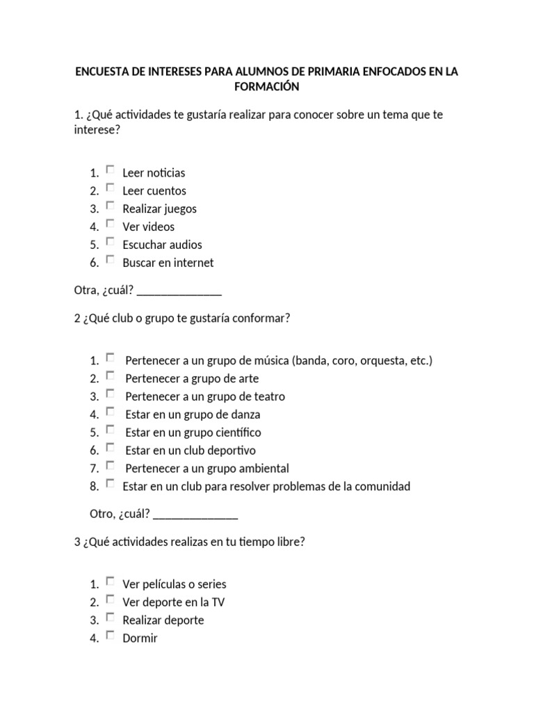 Encuesta de Intereses para Primaria | PDF