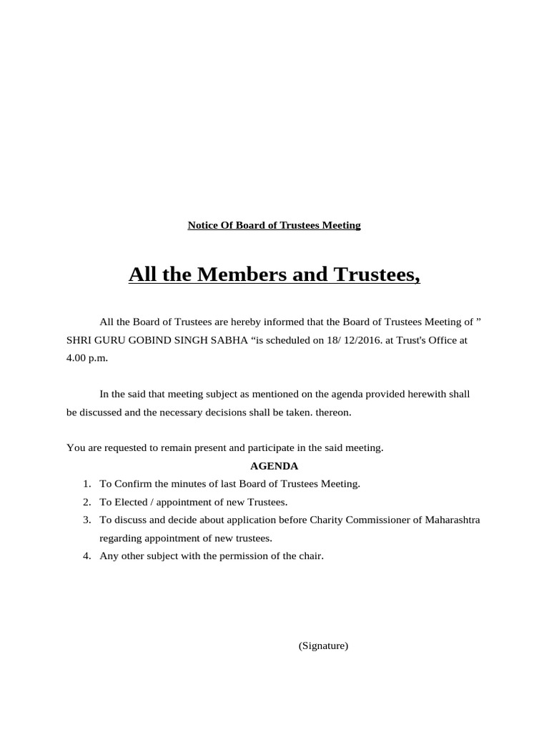All The Members and Trustees,: Notice of Board of Trustees Meeting | PDF