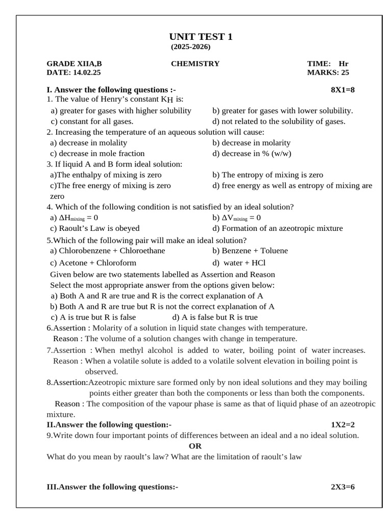 Grade 12 Chemistry Unit Test 1 | PDF | Physical Chemistry | Scientific ...