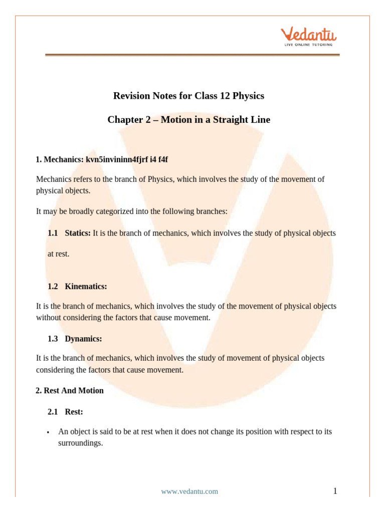 Motion in A Straight Line Class 11 Notes CBSE Physics Chapter 2 (PDF ...