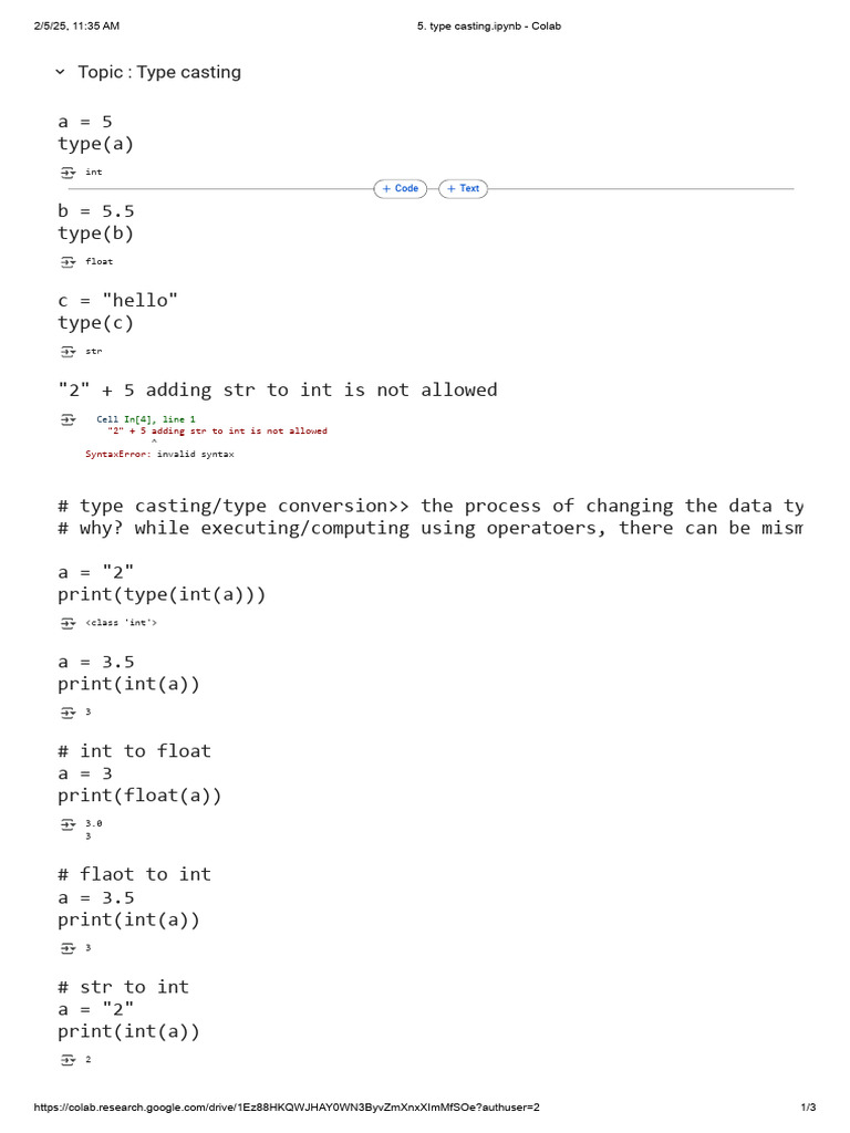 5. type casting.ipynb - Colab | PDF | Mathematical Logic | Object Oriented Programming