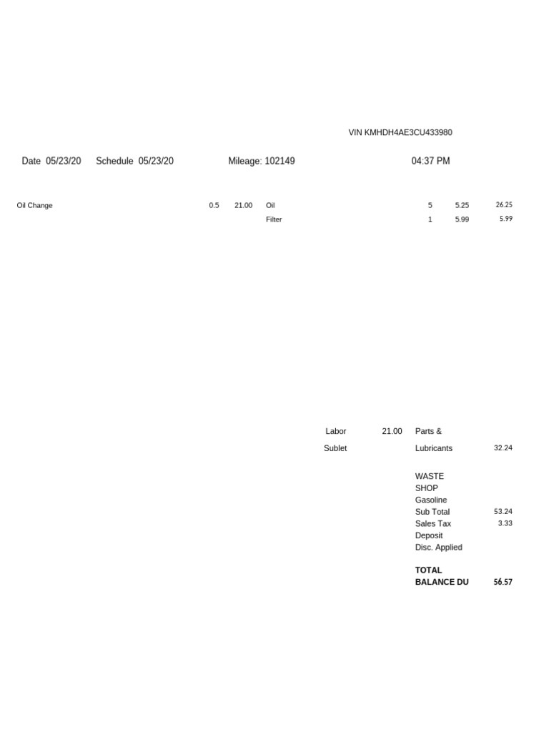 Oil Change Invoice Details | PDF