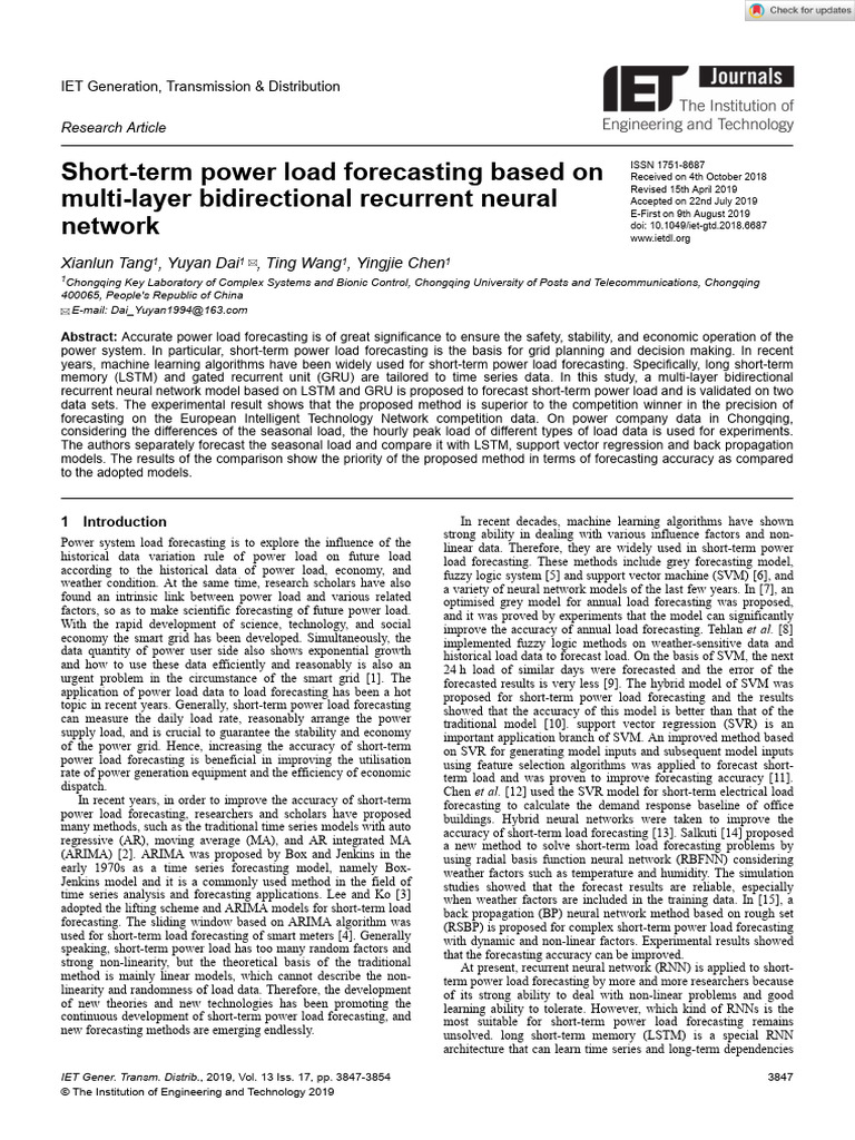 Iet Generation Trans Dist 2019 Tang Short‐term Power Load
