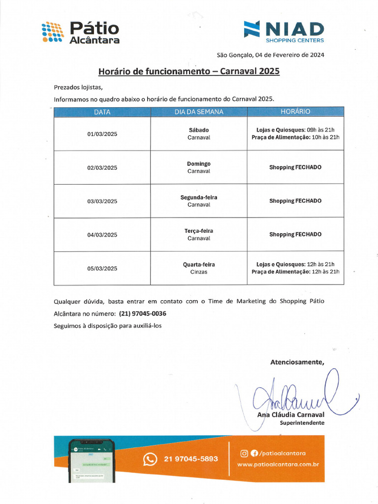 CIRCULAR 003 - Horário de Funcionamento Carnaval | PDF