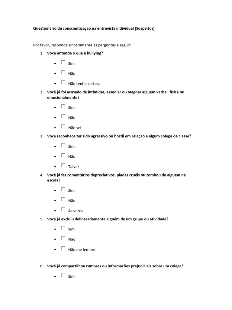 Questionário de Conscientização Entrevistas Individuais - Suspeitos | PDF