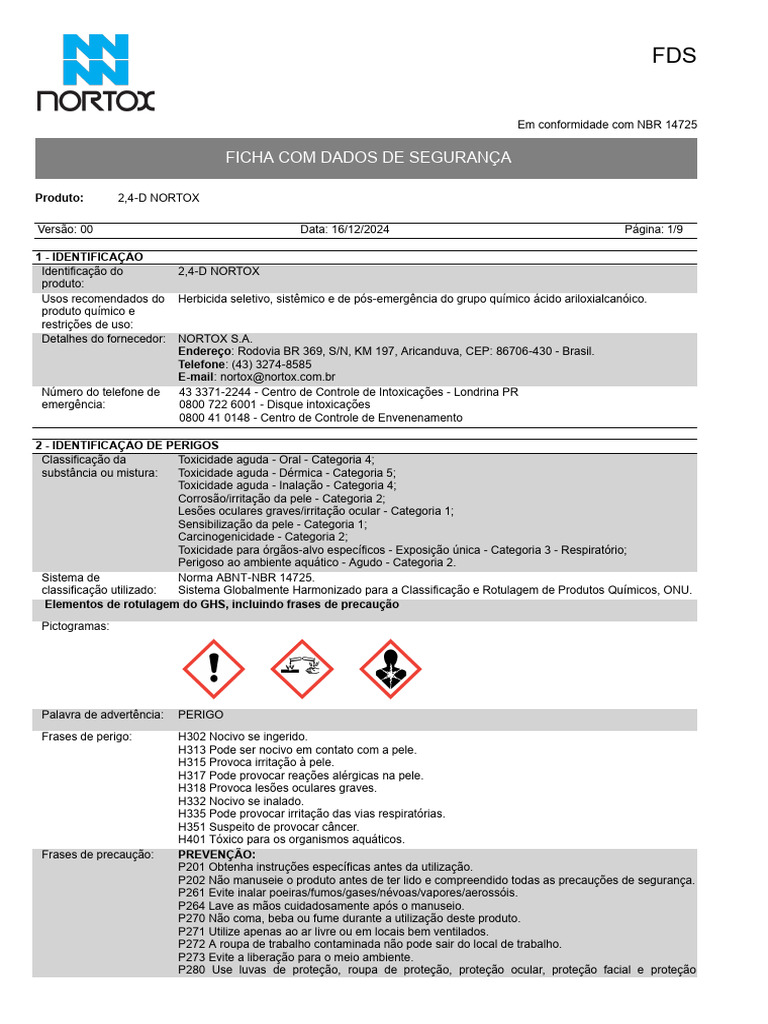 FDS - 2,4-D Nortox - V00 - 16.12.2024 | PDF | Temperatura | Densidade