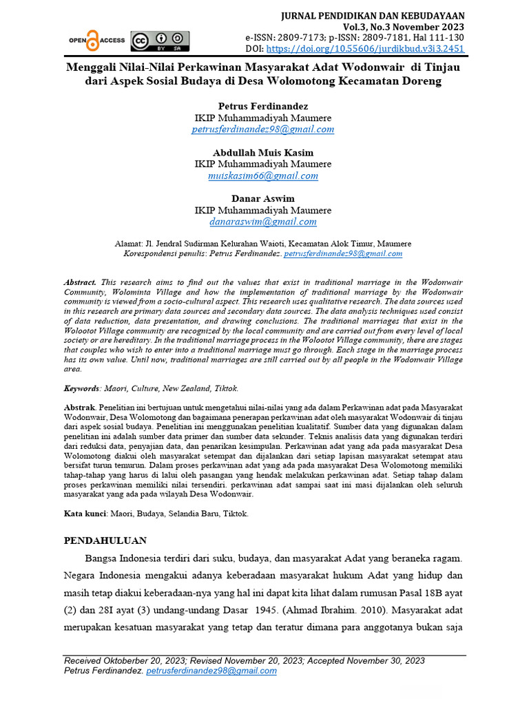 111-130 Menggali Nilai-Nilai Perkawinan Masyarakat Adat Wodonwair Di Tinjau Dari Aspek Sosial ...