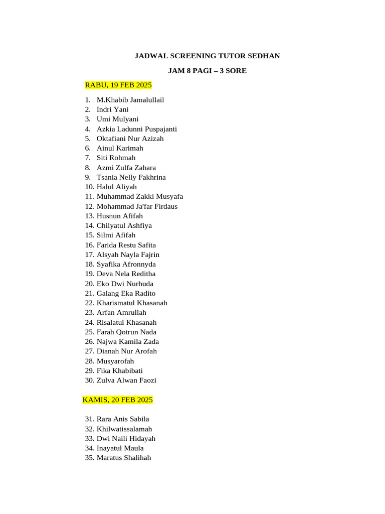 Jadwal Screening Tutor Sedhan | PDF