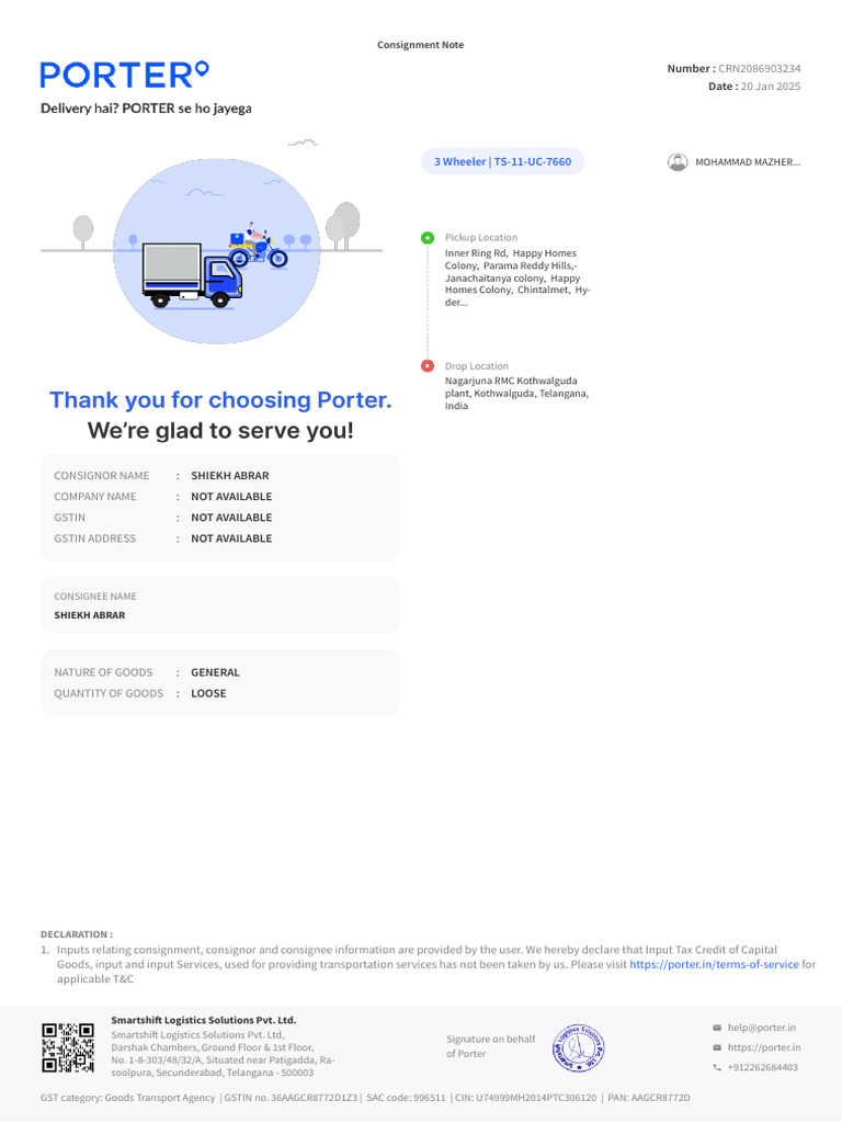 Porter Consignment Note (CRN2086903234) | PDF