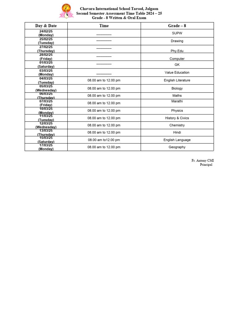 Grade 8 Exam Timetable 2024-25 | PDF