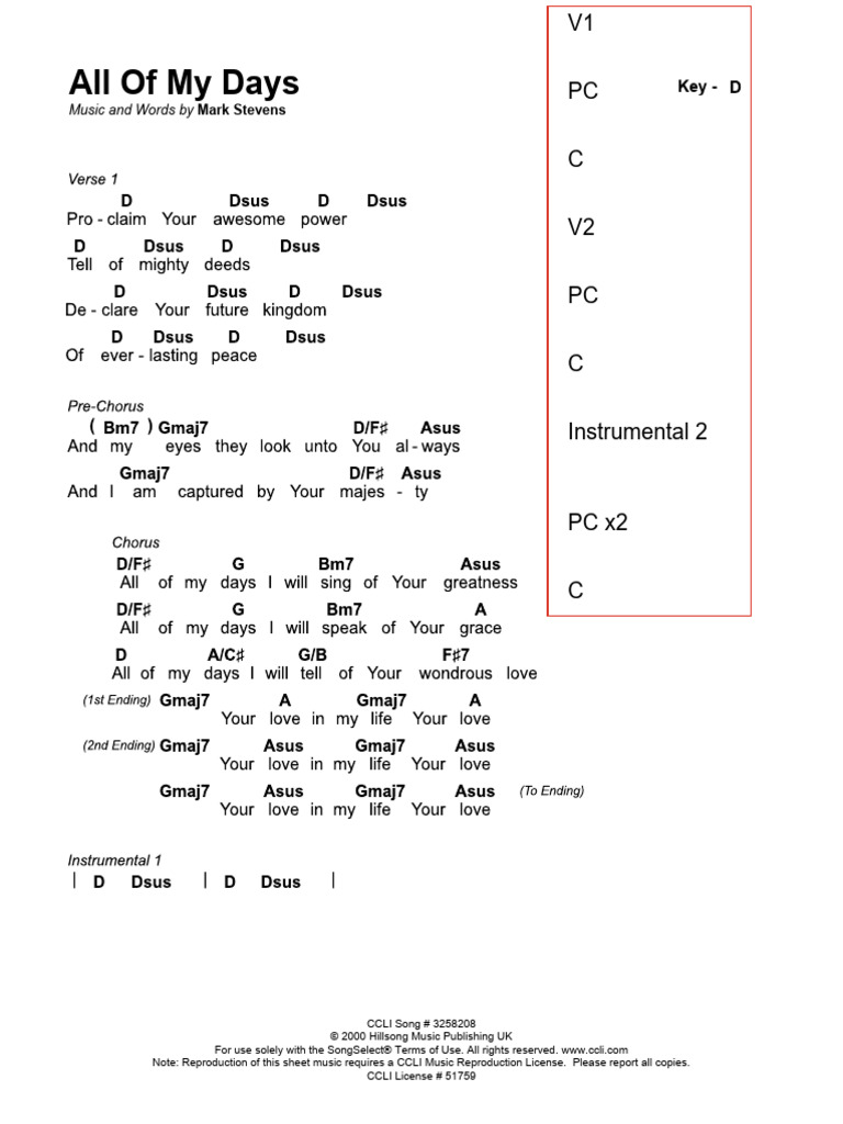 All of My Days - SongSelect Chart in D | PDF