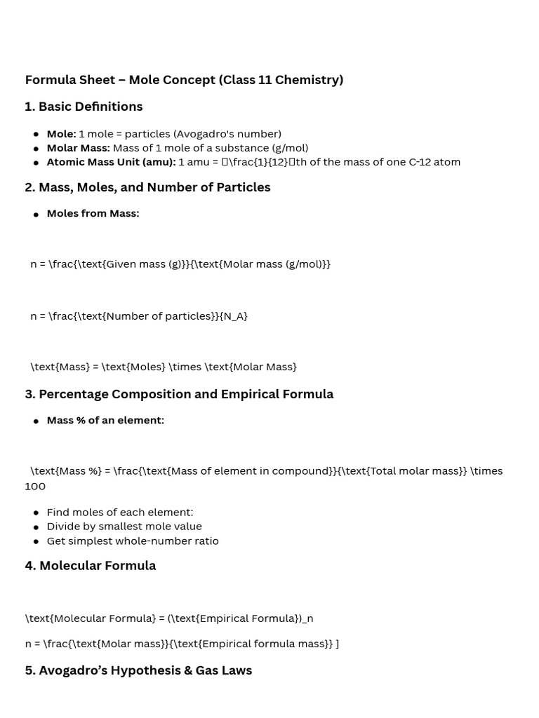 Mole Concept Formula Sheet for Class 11 | PDF