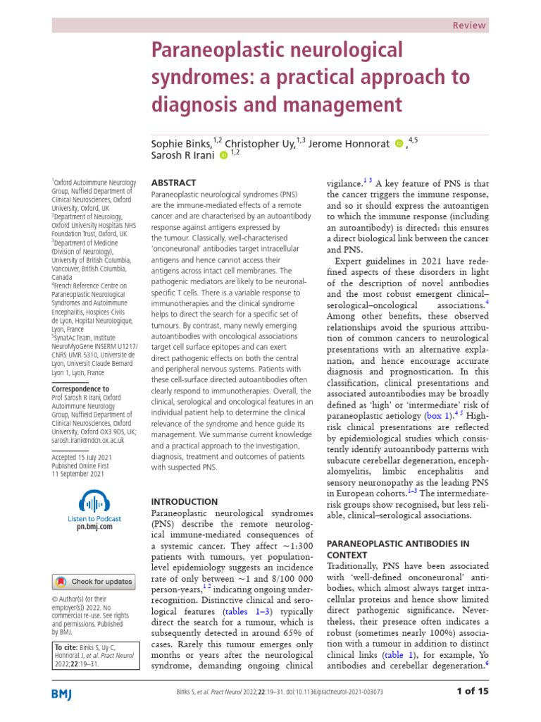 Paraneoplastic Neurological Syndromes A Practical Ap4owch | PDF ...