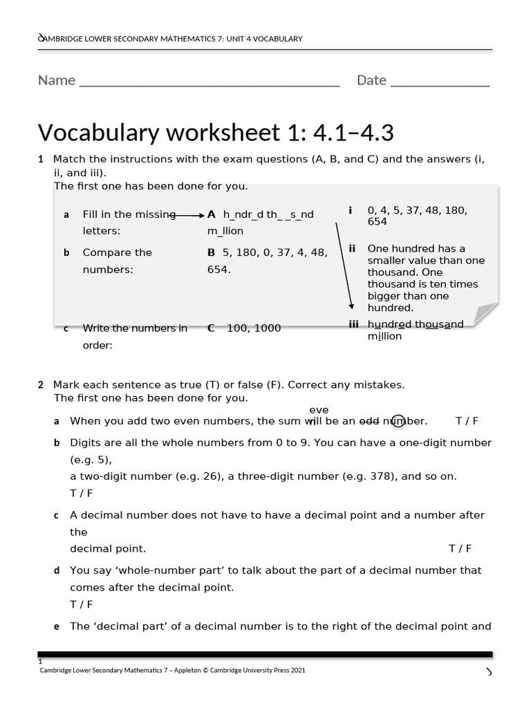Unit 4 worksheet 1 4.1-4.3 | PDF | Numbers | Decimal