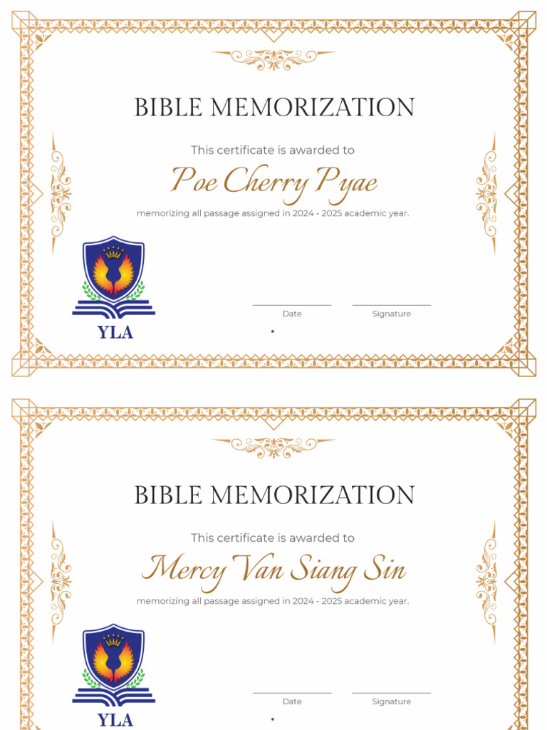 YLA Bible Memorization Certificate | PDF