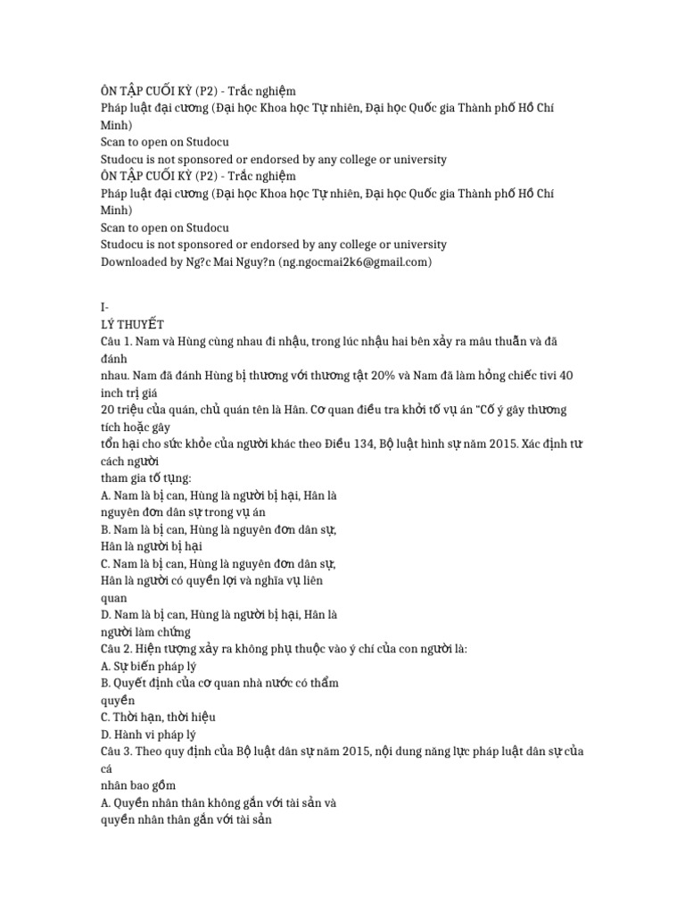 On Tap Cuoi Ky p2 Trac Nghiem | PDF
