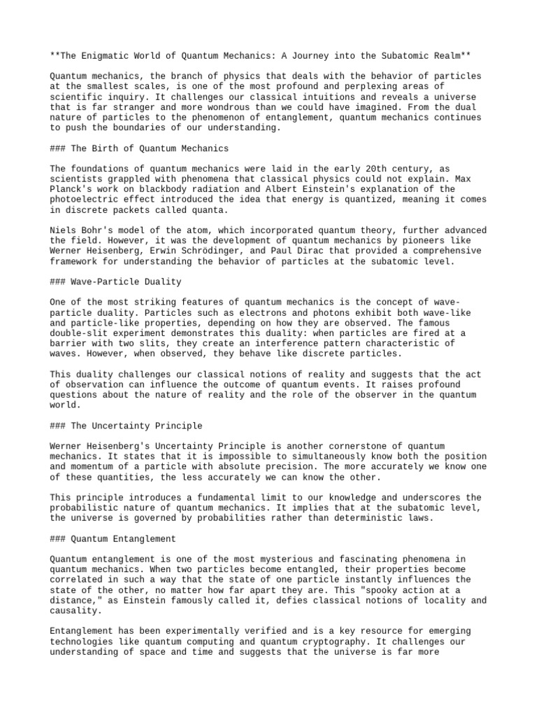 The Enigmatic World of Quantum Mechanics A Journey Into The Subatomic Realm | PDF | Quantum ...