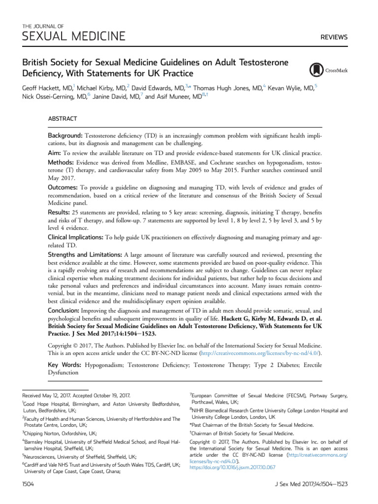 Guidelines on Adult Testosterone Deficiency With Statements for Uk ...