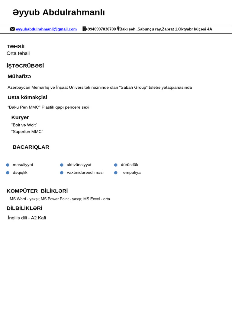 Əyyub Abdulrahmanlı - CV 1 | PDF