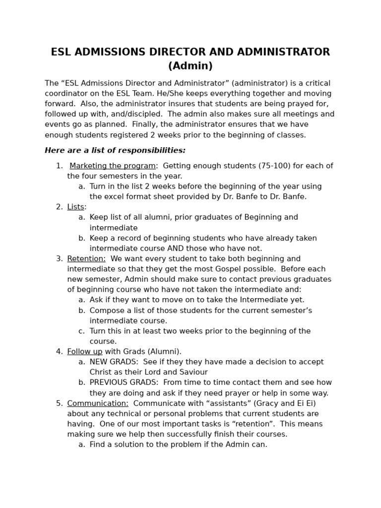 Esl Admissions Director and Administrator | PDF