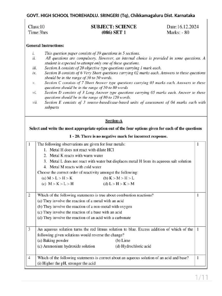 Science SSLC Higher Order Questions | PDF