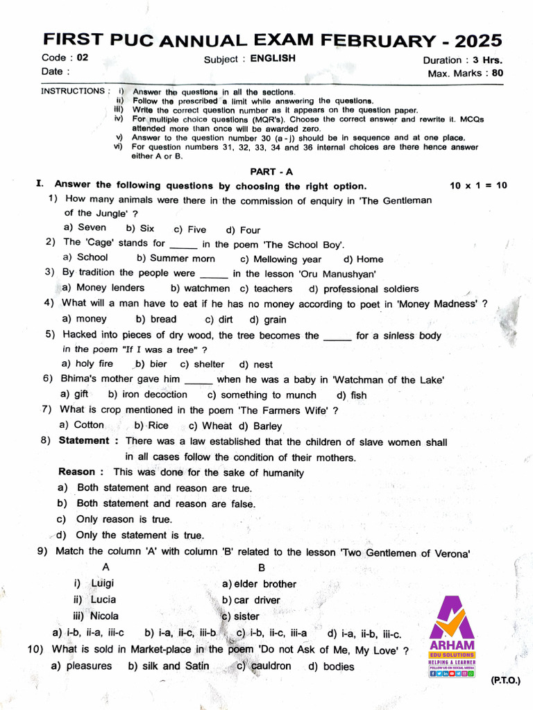 First PUC English Exam Guide | PDF