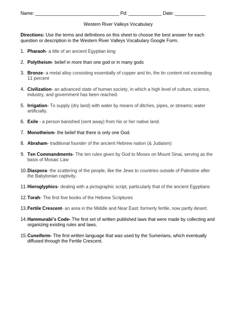 12-Western River Valleys Vocabulary | PDF