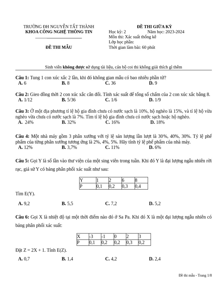Đề Thi Mẫu Giữa Kỳ XSTK - 2 - 2024 | PDF