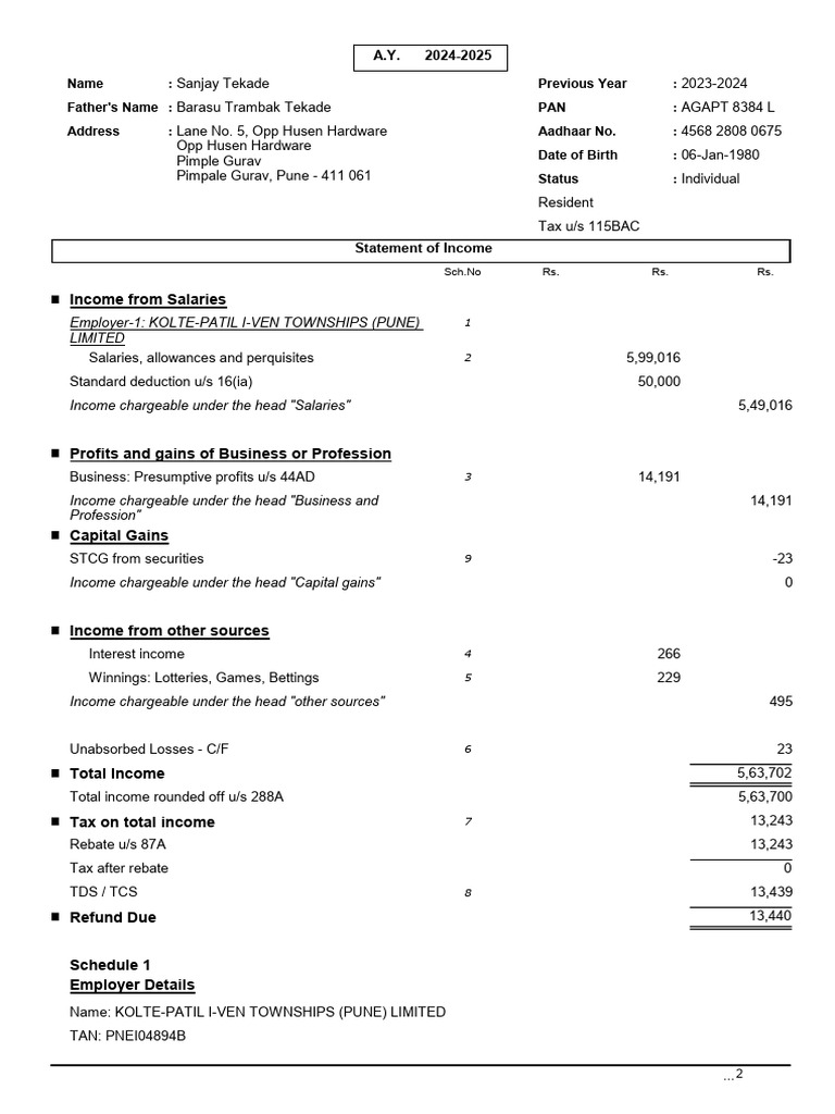Tax Summary for Sanjay Tekade 2024-25 | PDF | Tax Refund | Taxable Income