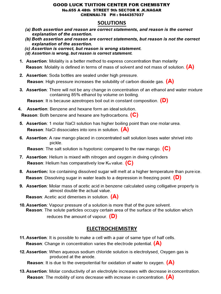 Assertion Reasoning Questions All Chapters - Answers-1 | PDF | Reaction ...